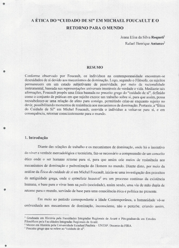 A ÉTICA DO “CUIDADO DE SI” EM MICHAEL FOUCAULT E O RETORNO PARA O MUNDO ...