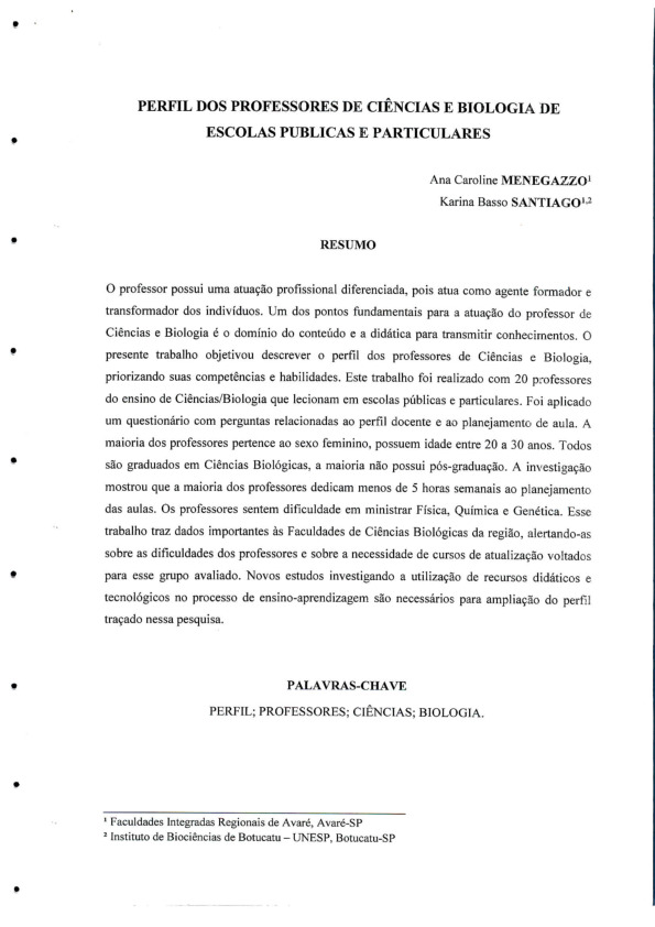 PERFIL DOS PROFESSORES DE CIÊNCIAS E BIOLOGIA DE ESCOLAS PUBLICAS E ...